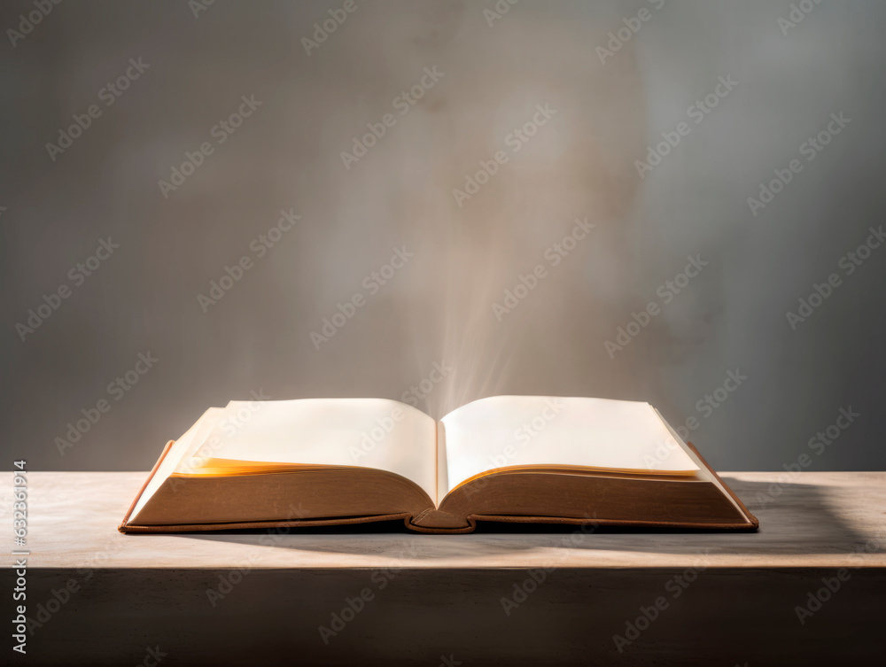 Open book on wooden table and grey wall background. Back to school ...