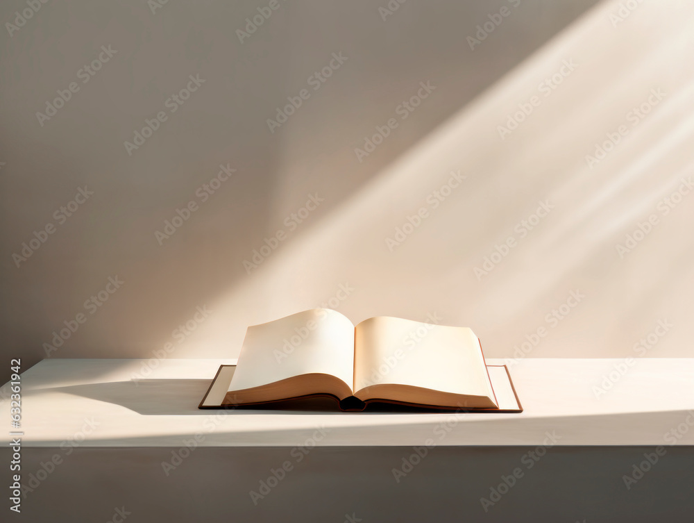 Open book on a white table with shadow from the window in sunlight ...
