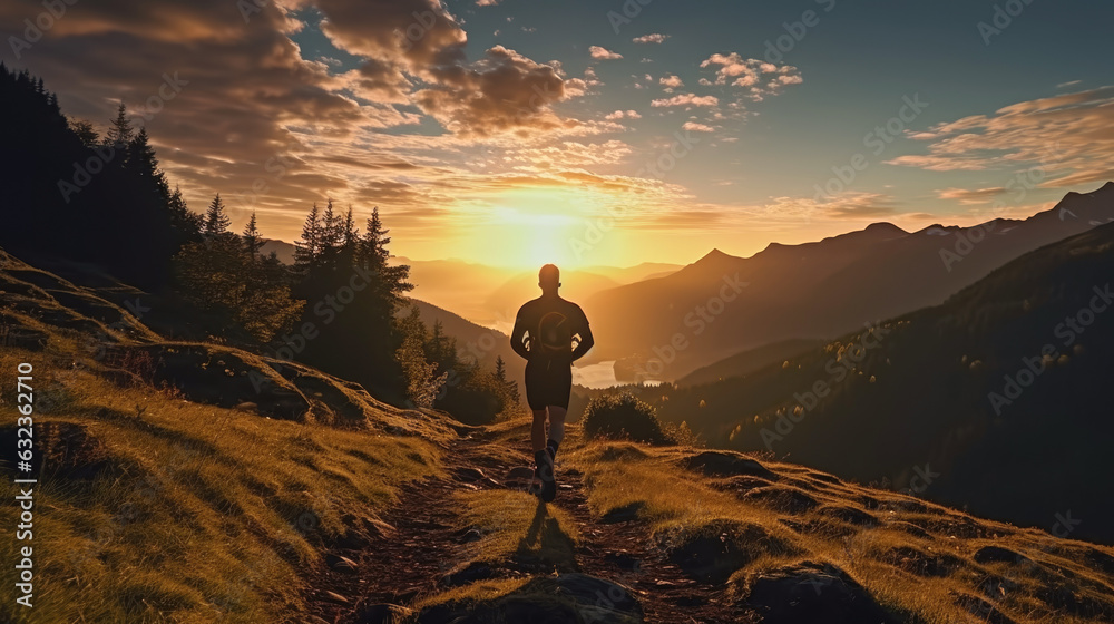 trail runner is running across beautiful mountain range. Stock Photo ...