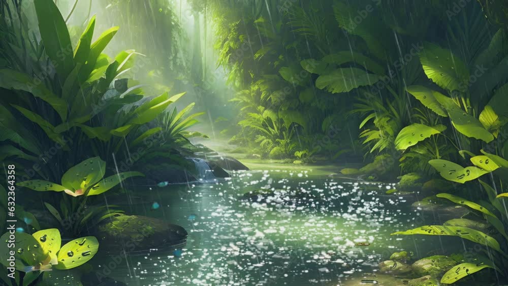 Tropical green nature rainforest with sparkling water and when rain ...