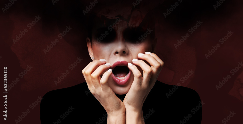 Hallucinations. Scared woman on maroon background. Dark essence flowing ...