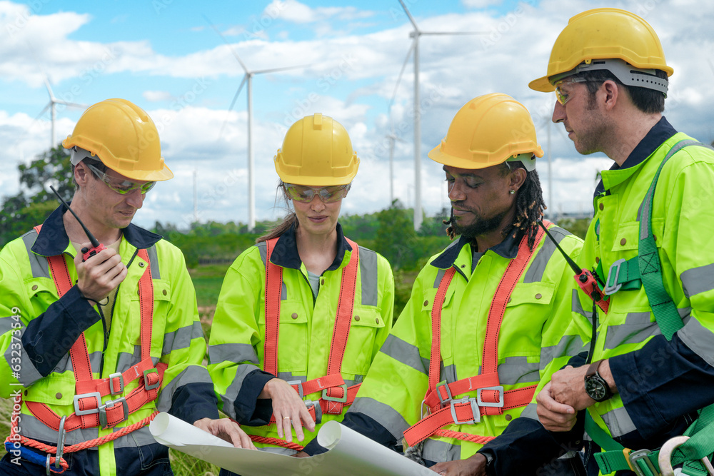 Smart professional engineers working in fieldwork outdoor. Workers ...