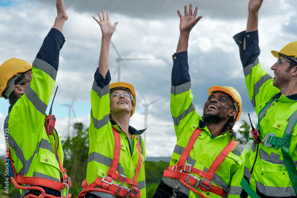 Smart professional engineers working in fieldwork outdoor. Workers ...
