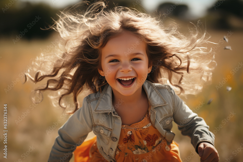 happy child girl with a kite in hand is running across a grass field in ...