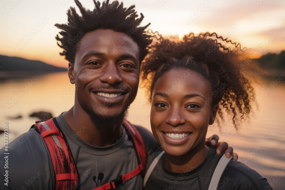 summer trip, a young African American couple enjoys the serene beauty ...