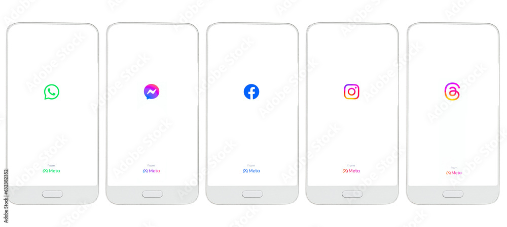 Whatsapp, Messenger, Facebook, Instagram and Threads starting screens ...