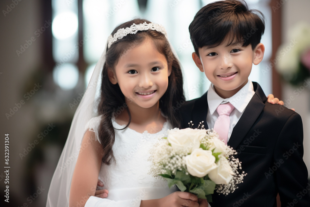 Zdjęcie Stock: little boy and girl playfully pose as a bride and groom ...