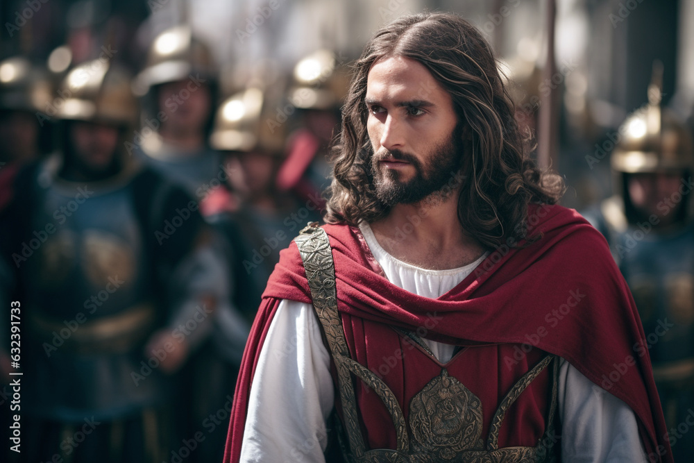 Jesus in red sash is brought before Pontius Pilate, the Roman governor ...