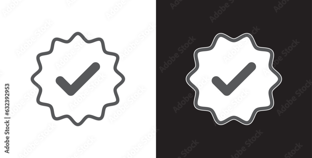 Flat Verified icon with soft grey outline. Tick in rounded corners star ...
