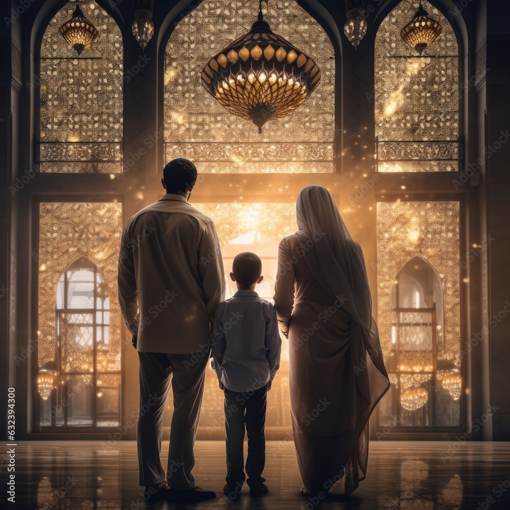 Muslim family view mosque. muslim family eid greetings back view, Jumma ...