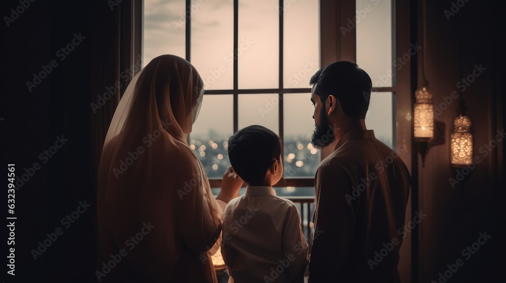 Muslim family view mosque. muslim family eid greetings back view, Jumma ...