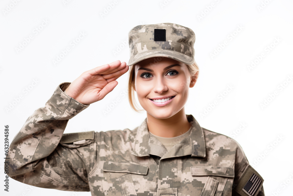 female soldier donning her uniform salutes with a bright smile ...