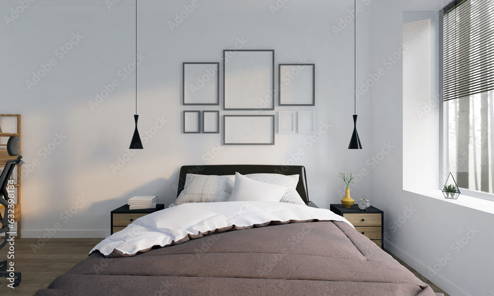 bedroom cozy home interior bed, floor laminated wood. and white wall ...