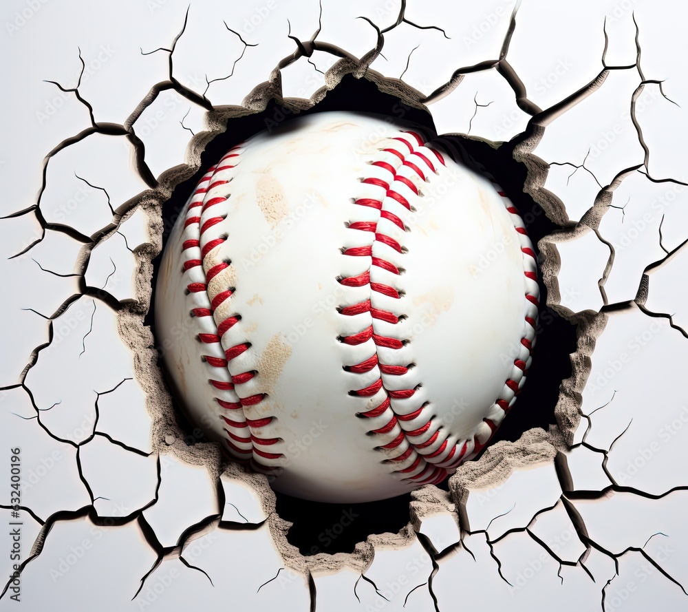 Baseball ball coming through the white wall background, Baseball coming ...