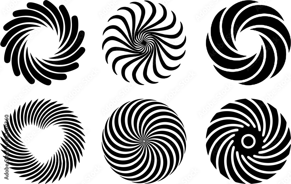 Set of spiral abstract objects, swirl, illusion of deception, funnel ...