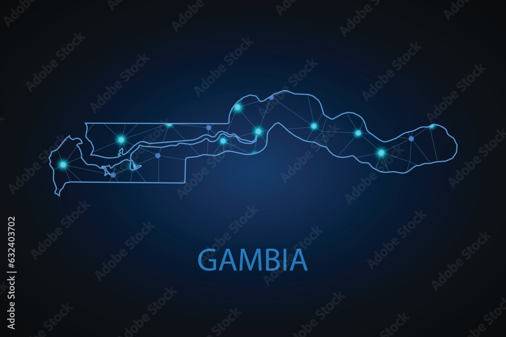 Map of The Gambia from Polygonal wire frame low poly mash, contours network line, luminous space ...