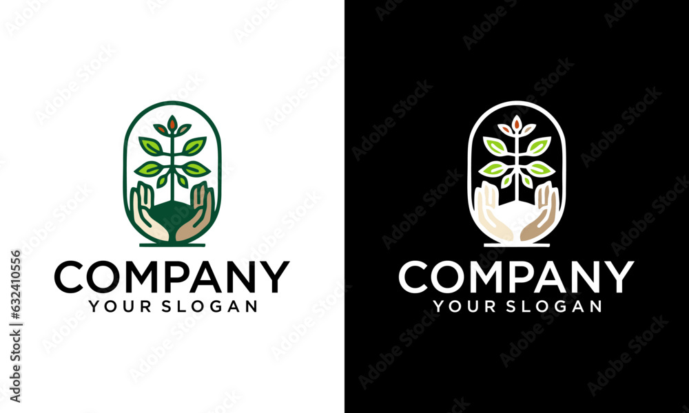 Hands holding soil with plant flat line icon. Vector thin sign of ...