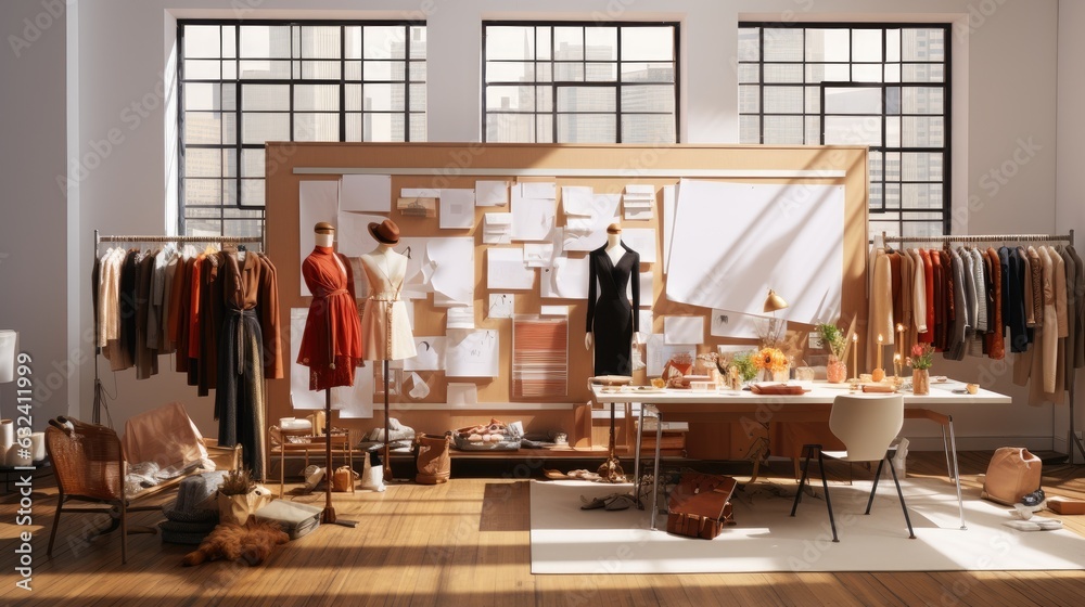 Fashion designer studio a personal computer working clothes hanging ...