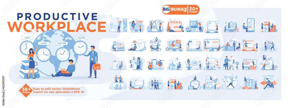 Productive workplace concept illustration, collection of male and ...