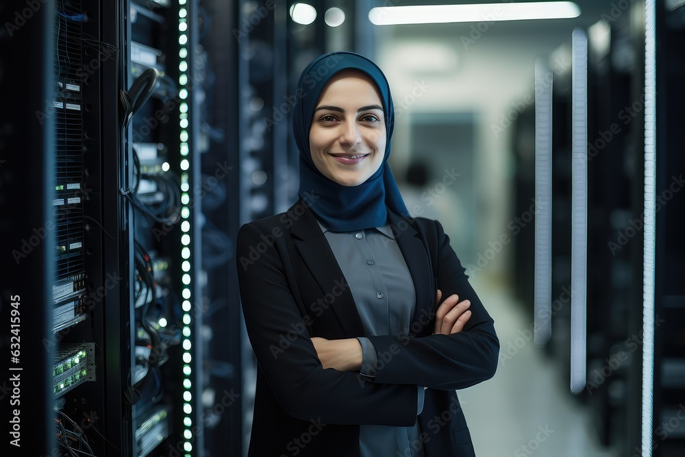 Hijabi Data engineer smiling at the camera in server room, Women ...