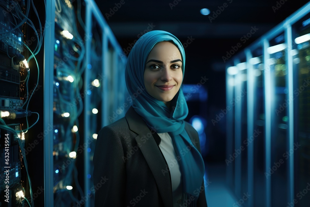 Hijabi Data engineer smiling at the camera in server room, Women ...