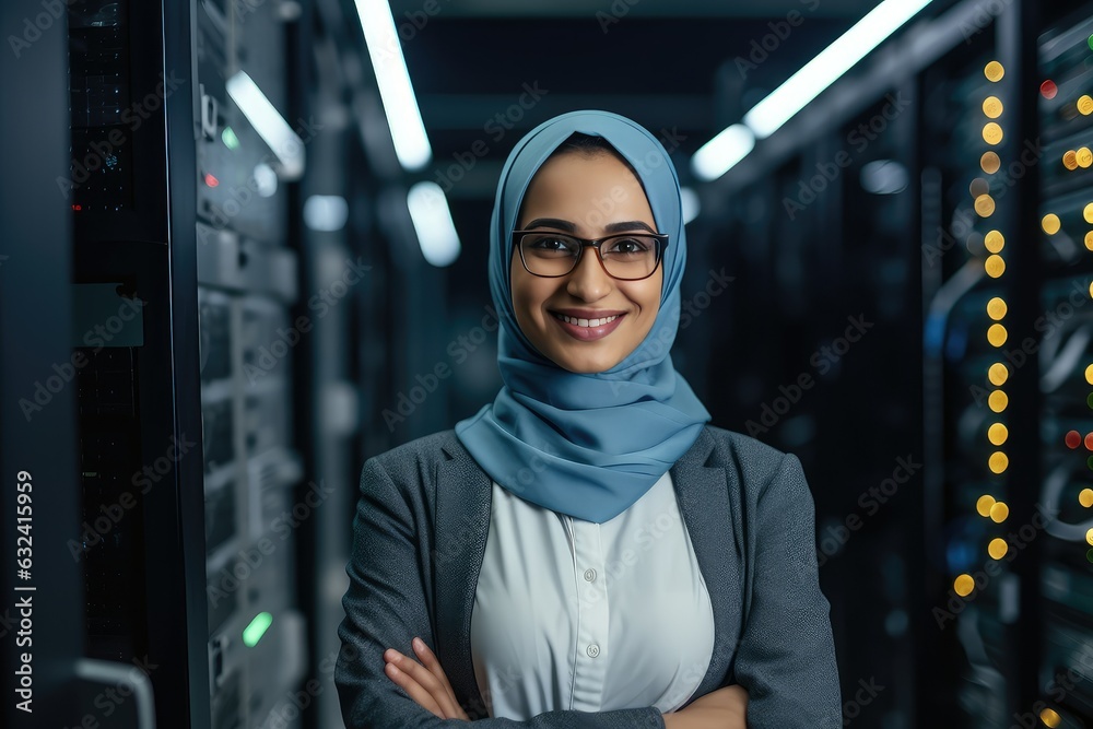 Hijabi Data engineer smiling at the camera in server room, Women ...