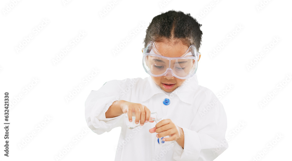 Girl, child and science with chemical in beaker, learning to be a ...
