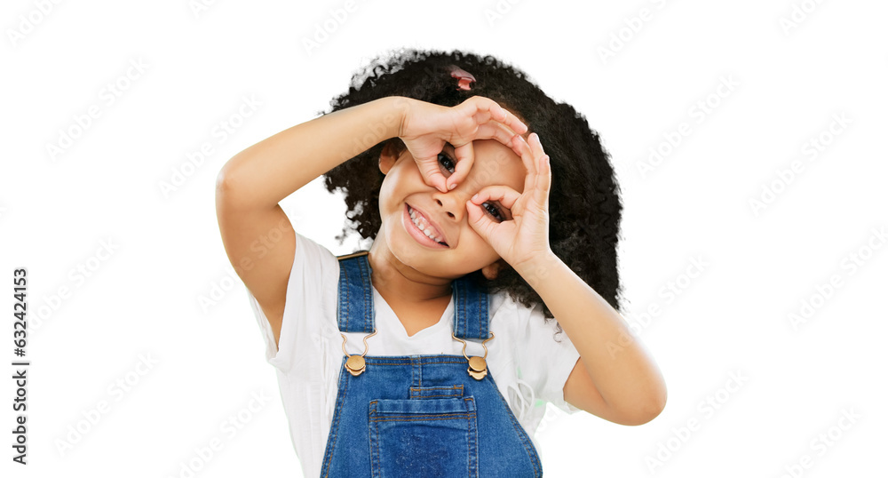 Vision, girl or child with hands on eyes for glasses and playful ...
