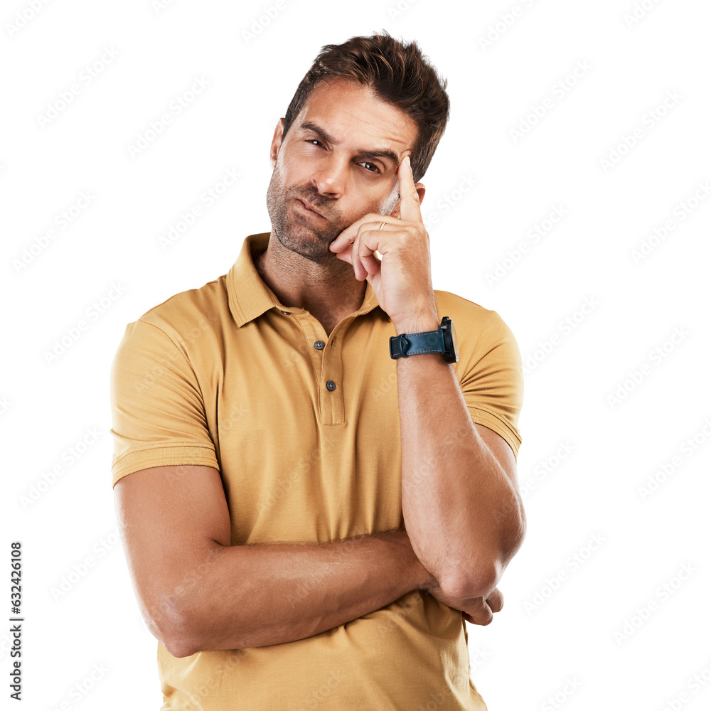 Person, thinking and confused portrait in planning, vision and future ...