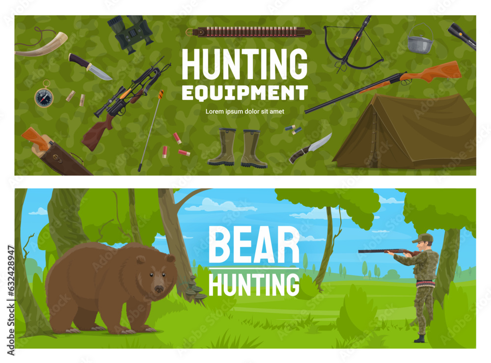 Hunting sport equipment, bear with hunter vector banners. Cartoon ...
