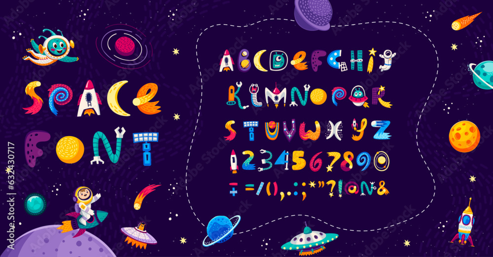 Poster Cartoon space font in english alphabet, universe type and galaxy ...