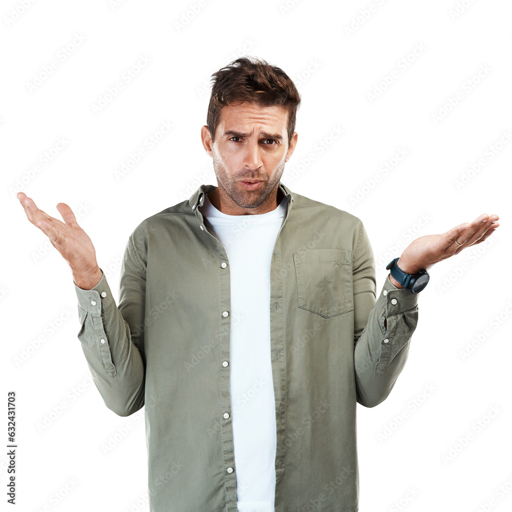 Portrait, shrug and man with doubt, confused and model isolated on a ...