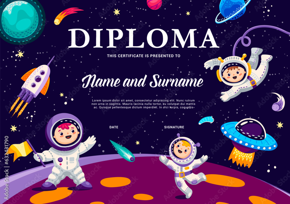 Kids astronaut diploma. Boys and girl astronauts on space planet ...