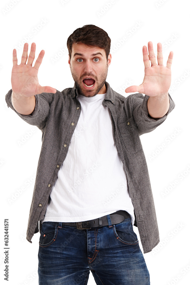 Man, portrait and stop hand warning, threat or limit control on ...