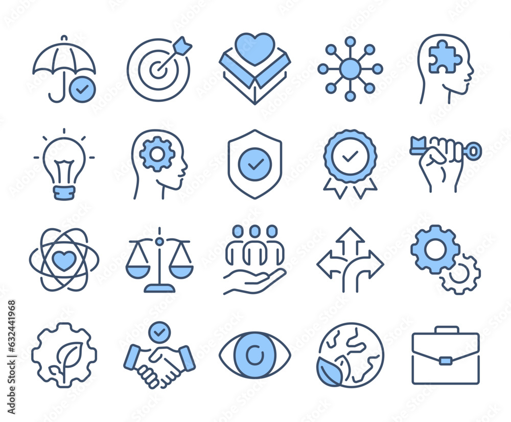 Business ethics and core values blue editable stroke outline icons set ...