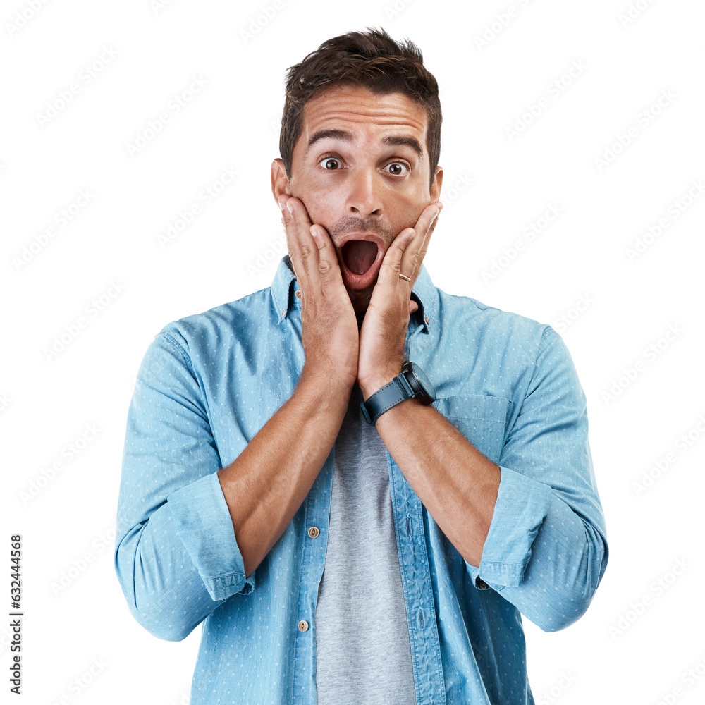 Portrait, surprise or man with announcement, shocked or model isolated ...