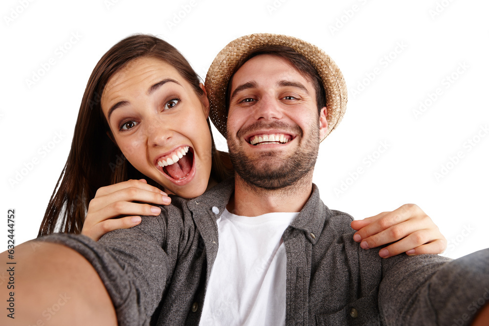 Couple, face and excited in selfie with happiness, memory and social ...