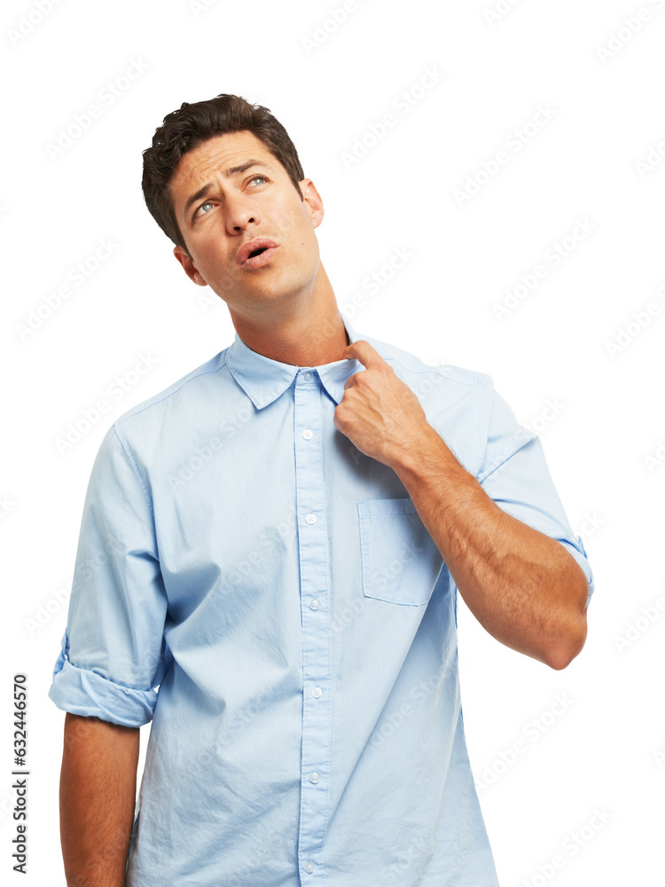 Collar, nervous and a man sweating or hot with anxiety, panic attack or ...