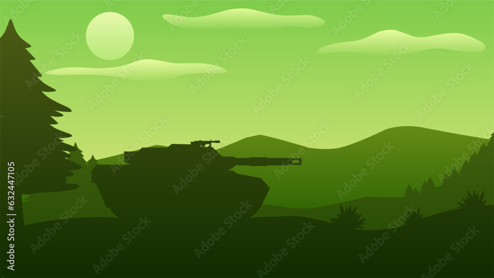 Military landscape vector illustration. Military tank in the pine ...