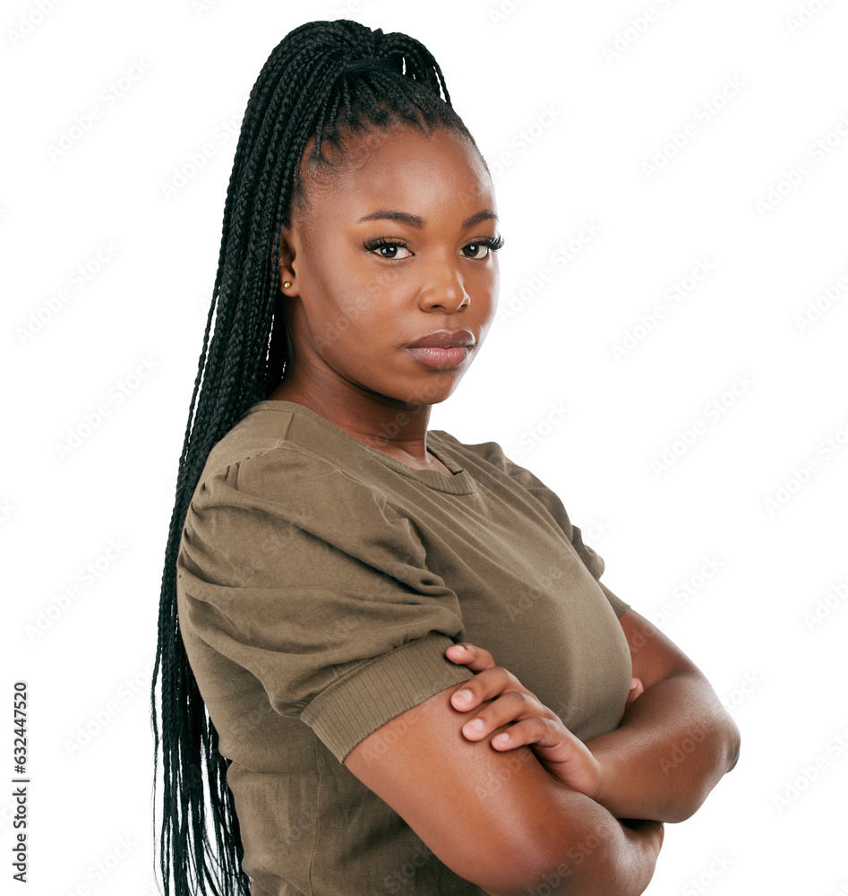 Black woman, arms crossed and serious portrait isolated on a ...