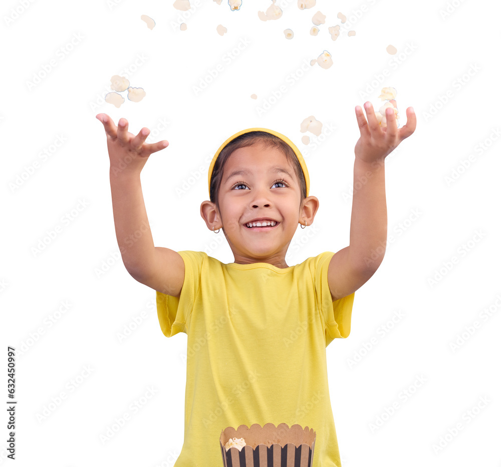 Excited, happy and a child throwing popcorn for entertainment, movies ...