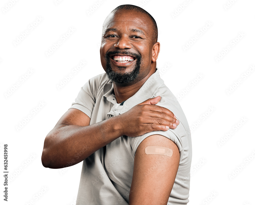 Black man, smile and vaccine, portrait and covid healthcare with plaster on arm isolated on png ...