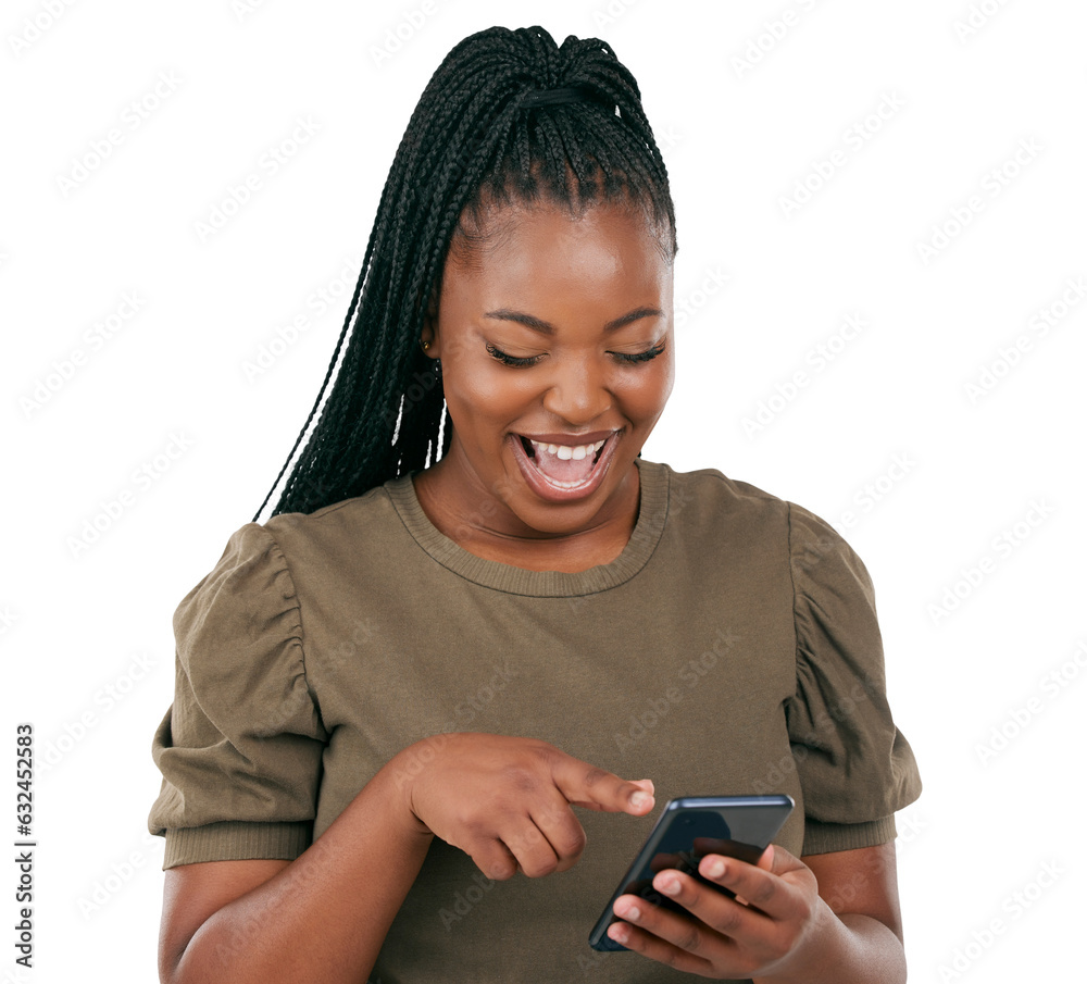 Wow, funny and happy with black woman and phone on png for news, social ...