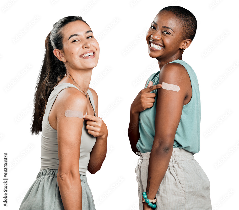 Women, smile and vaccine, portrait and covid healthcare with plaster on arm isolated on png ...