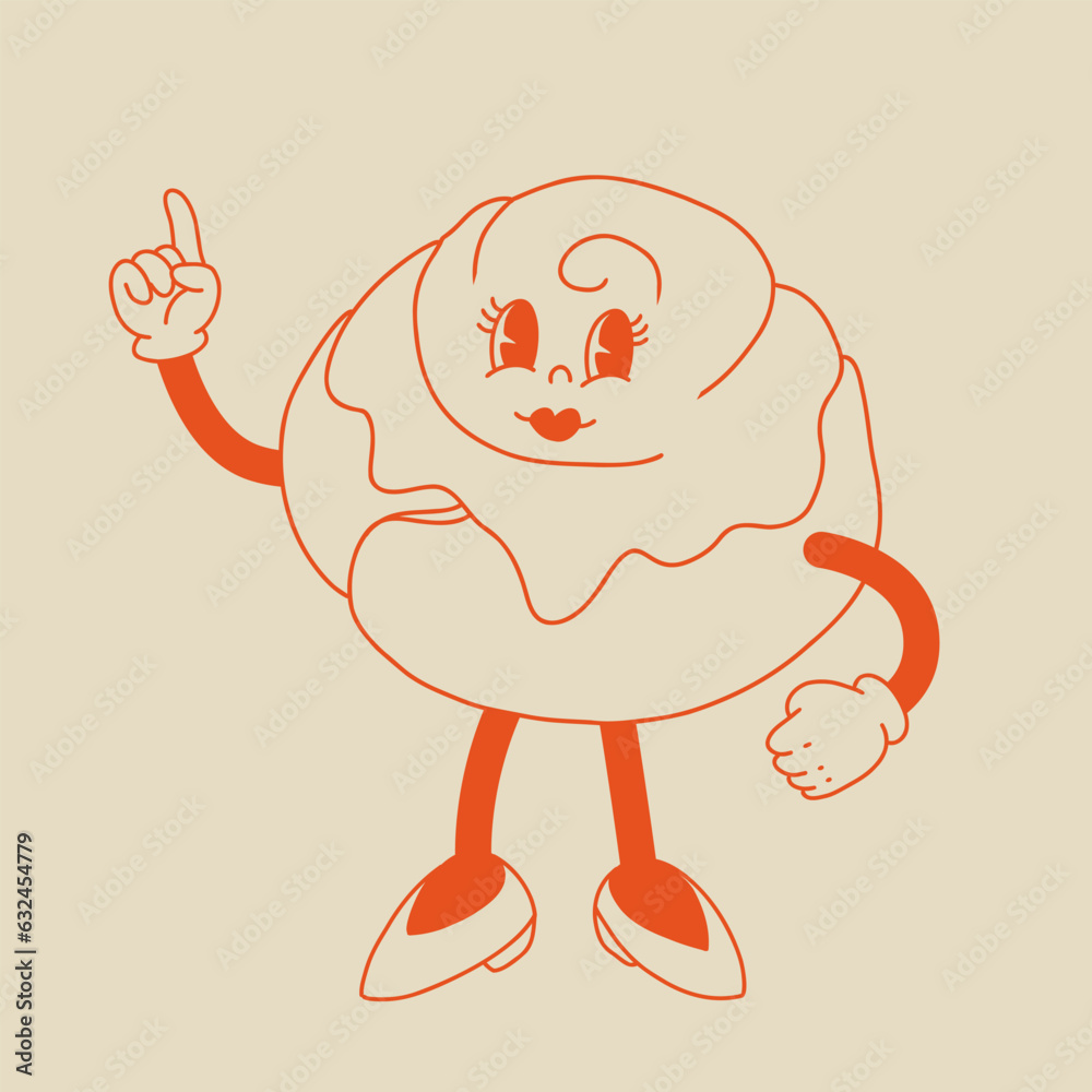 Vector cartoon retro mascot of cinnabon. Vintage style 30s, 40s, 50s ...