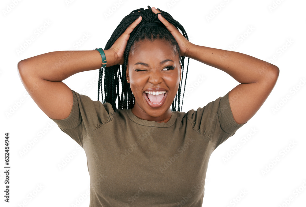 Crazy, wink and smile with face of black woman on png for yes, happy ...