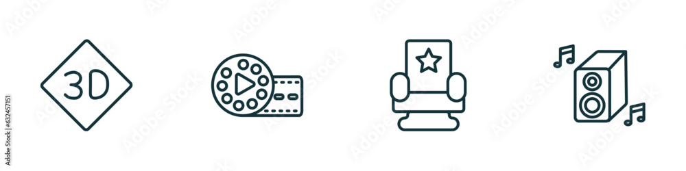 set of 4 linear icons from cinema concept. outline icons included 3d text, film reel playing ...