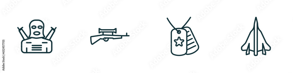 set of 4 linear icons from army and war concept. outline icons included ...