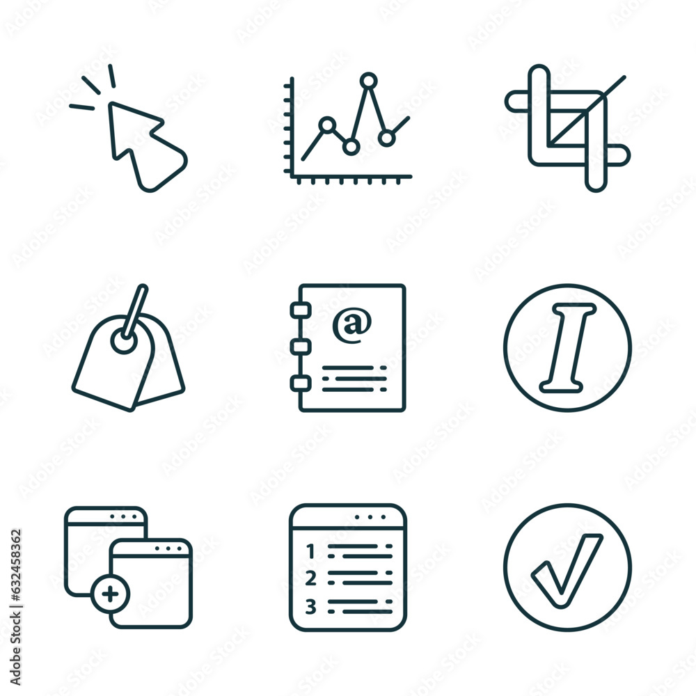 set of 9 linear icons from user interface concept. outline icons such as cursor arrow, line dot ...