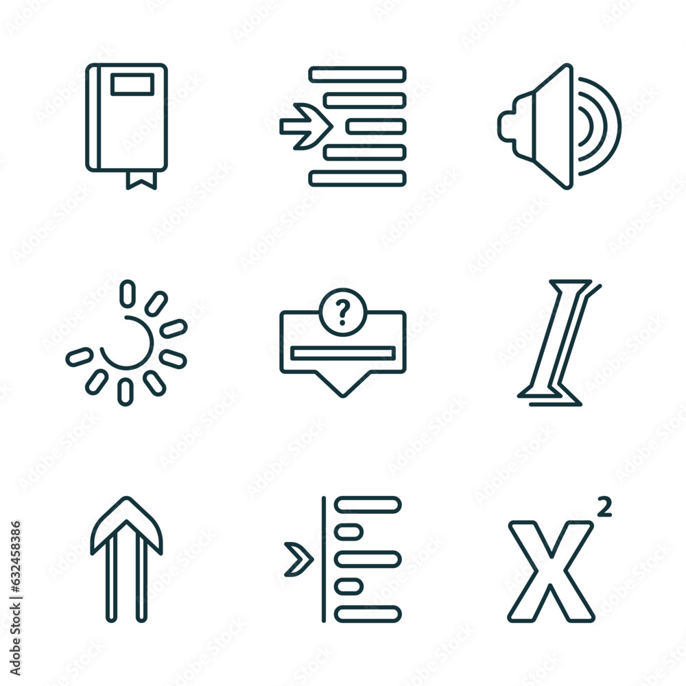 set of 9 linear icons from user interface concept. outline icons such as ribbon from a book ...
